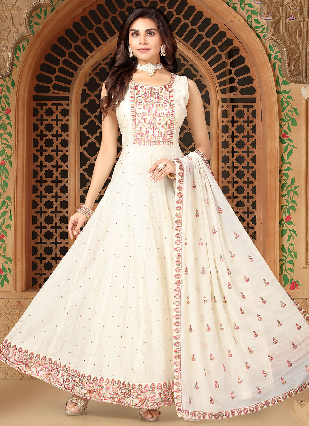 Silk Embroidered Off White Readymade Salwar Kameez buy online - Salwar ...