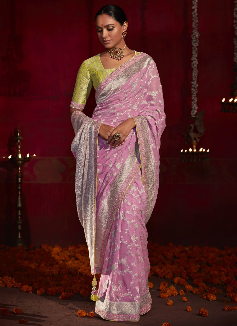 Buy Silk Pink Weaving Saree Online : 238594