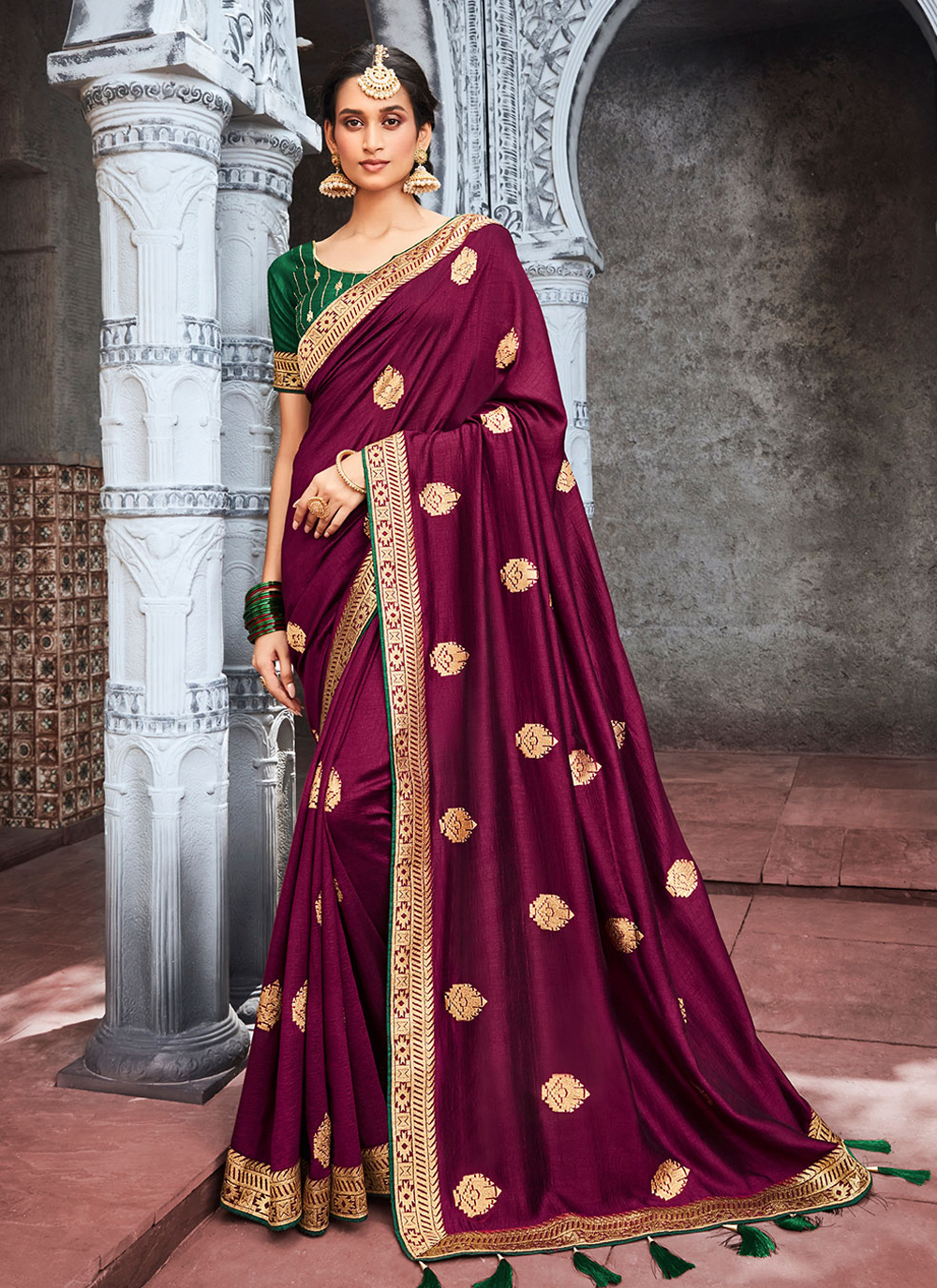 Vichitra Silk Wine Trendy Saree buy online