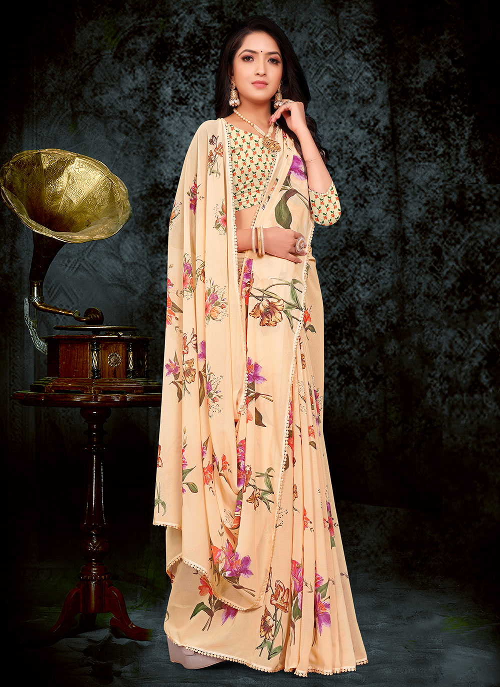 Buy Online Weight Less Contemporary Saree in Peach : 235784