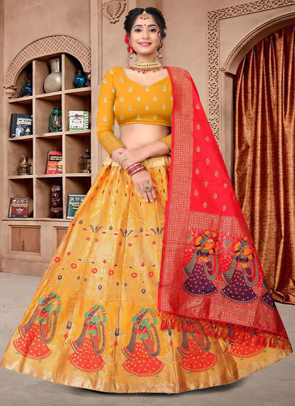 Buy Woven Jacquard Mustard A Line Lehenga Choli : 239888