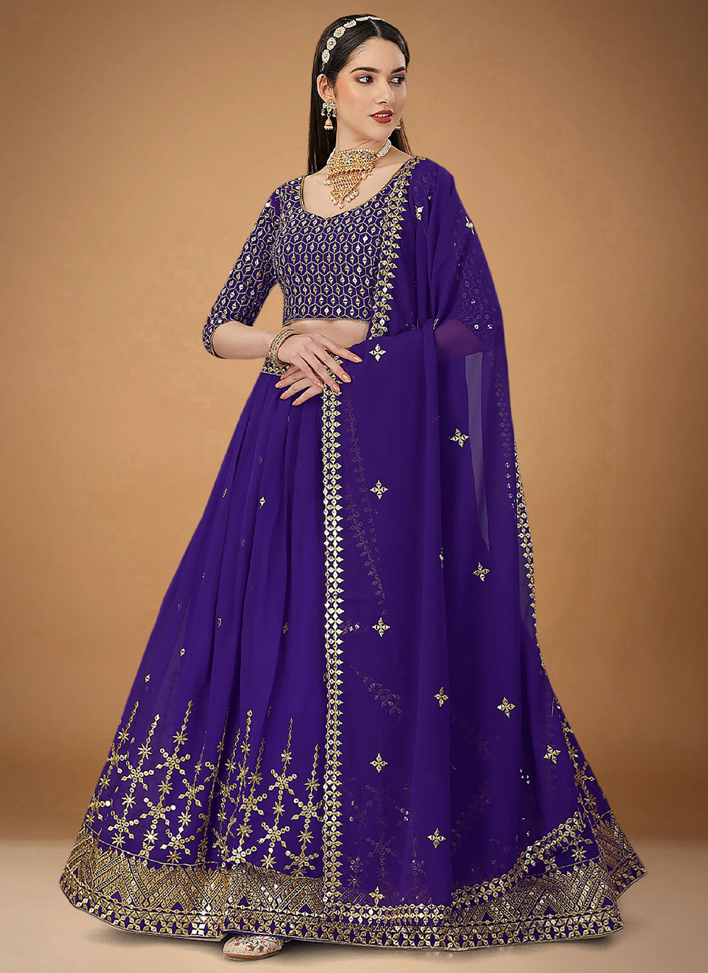 Buy Online A Line Lehenga Choli Sequins Faux Georgette in Violet : 252575