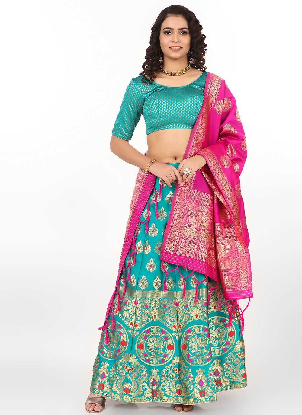 Shop A Line Lehenga Choli Zari Banarasi Silk in Rama Online : 260080