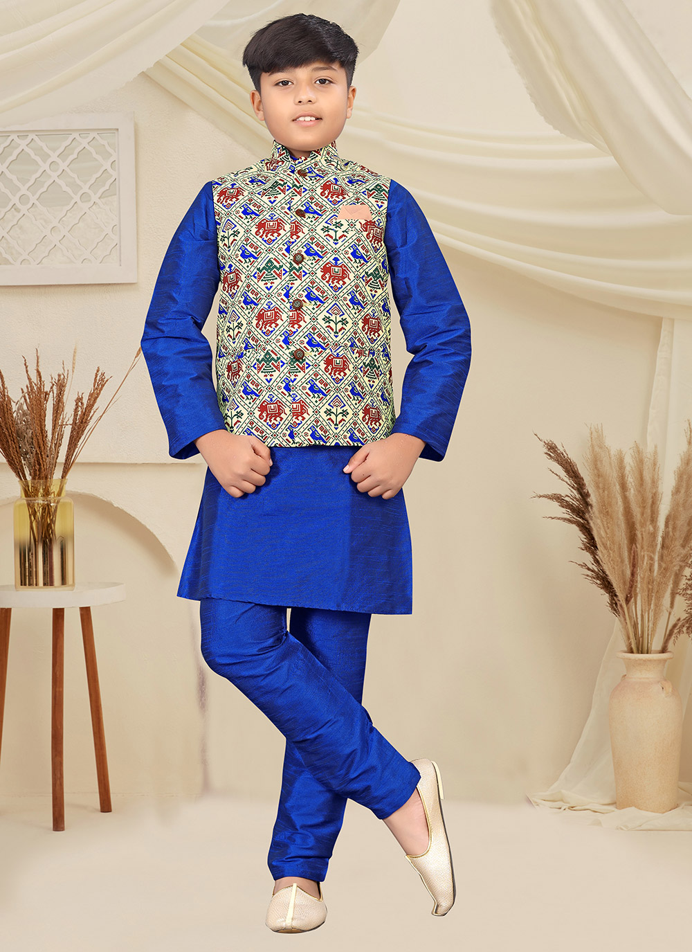 Buy Online Blue and Multi Colour Kurta Payjama With Jacket : 253731