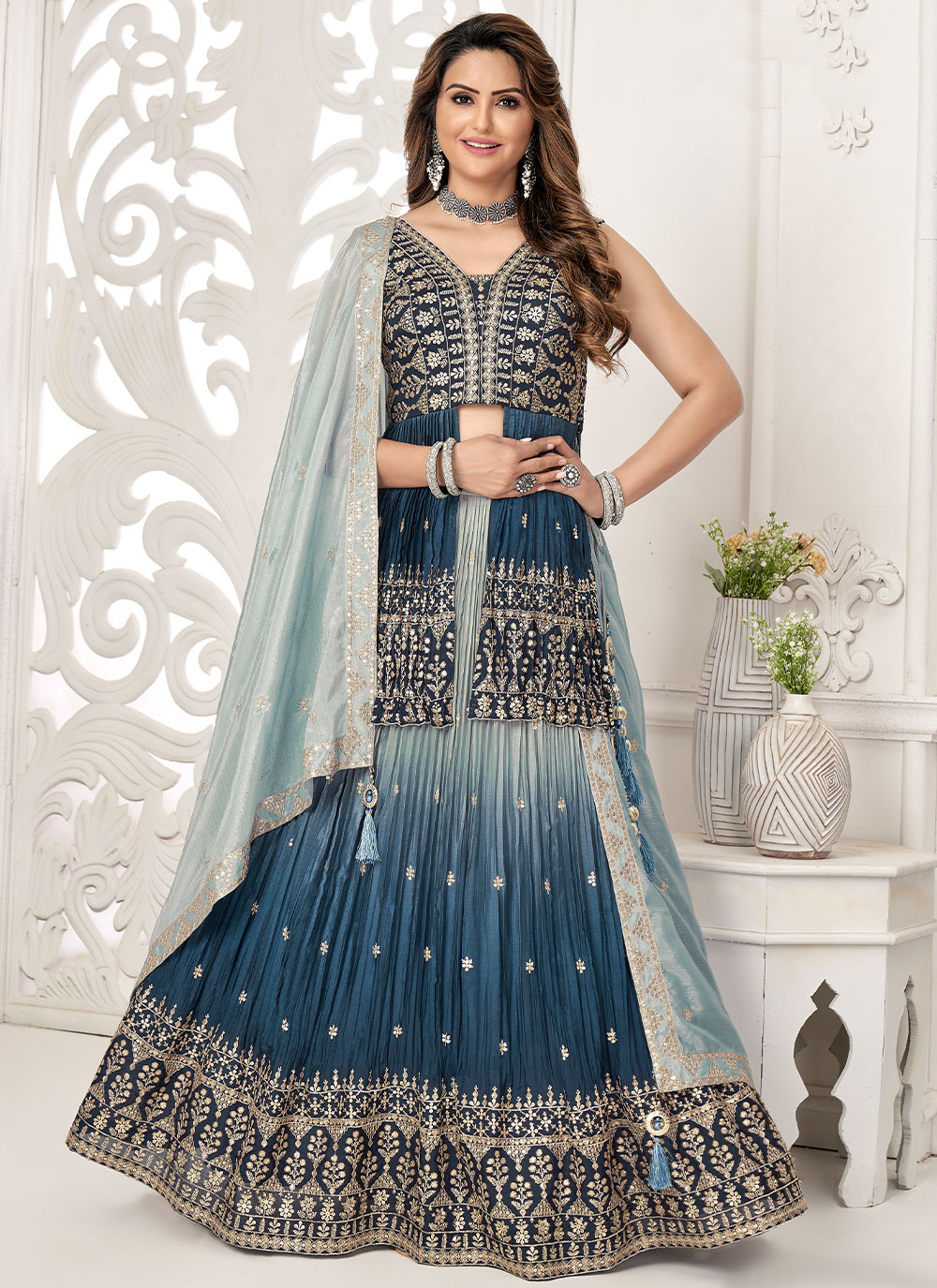 Blue Chinon Engagement Long Choli Lehenga buy online