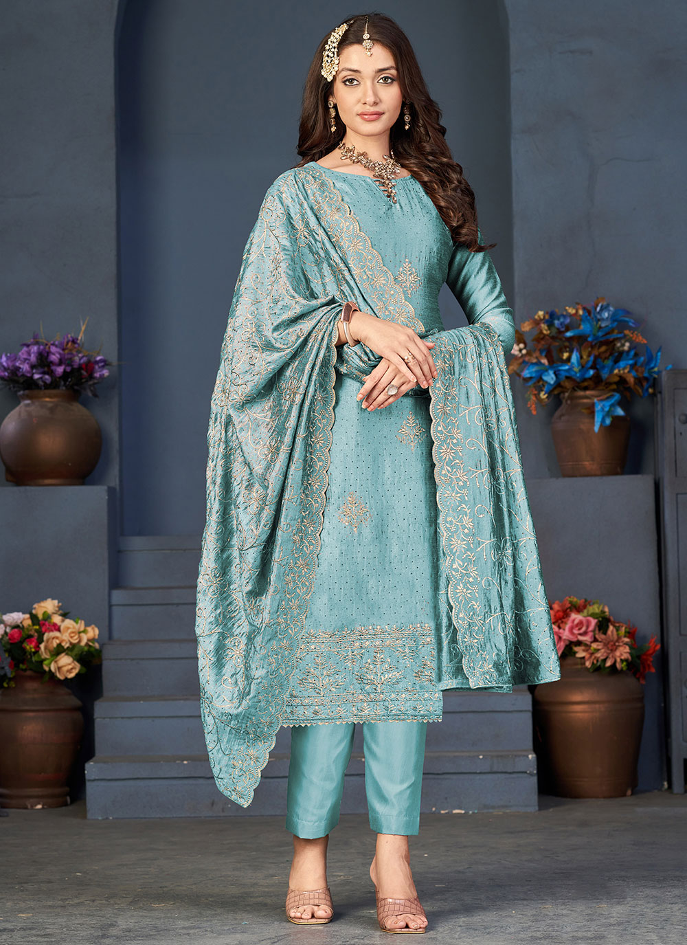 Buy Online Blue Embroidered Salwar Kameez : 256191