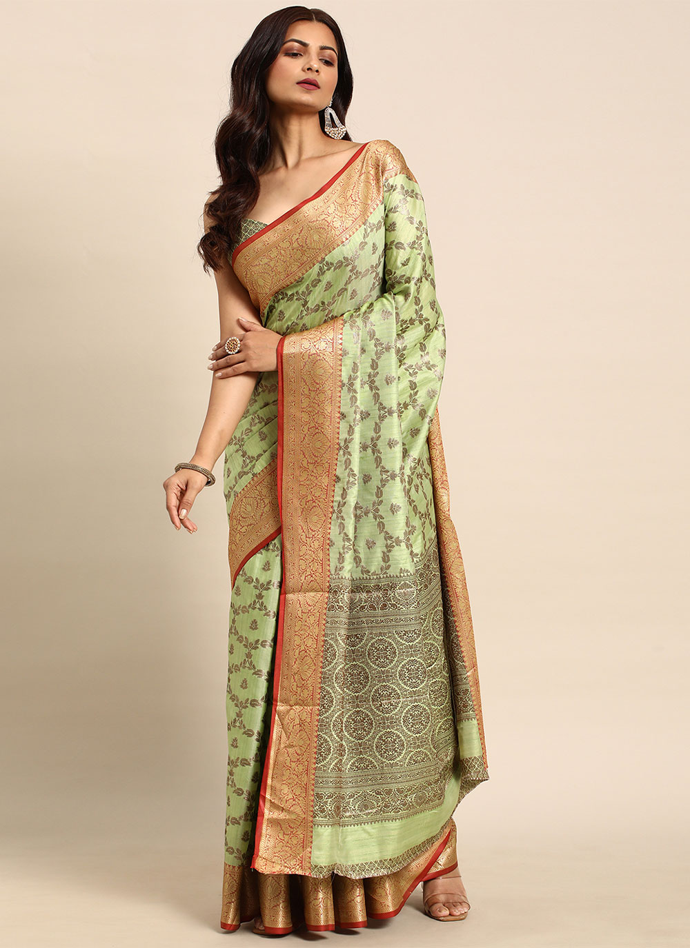 Buy Online Casual Saree Woven Silk in Green : 257234