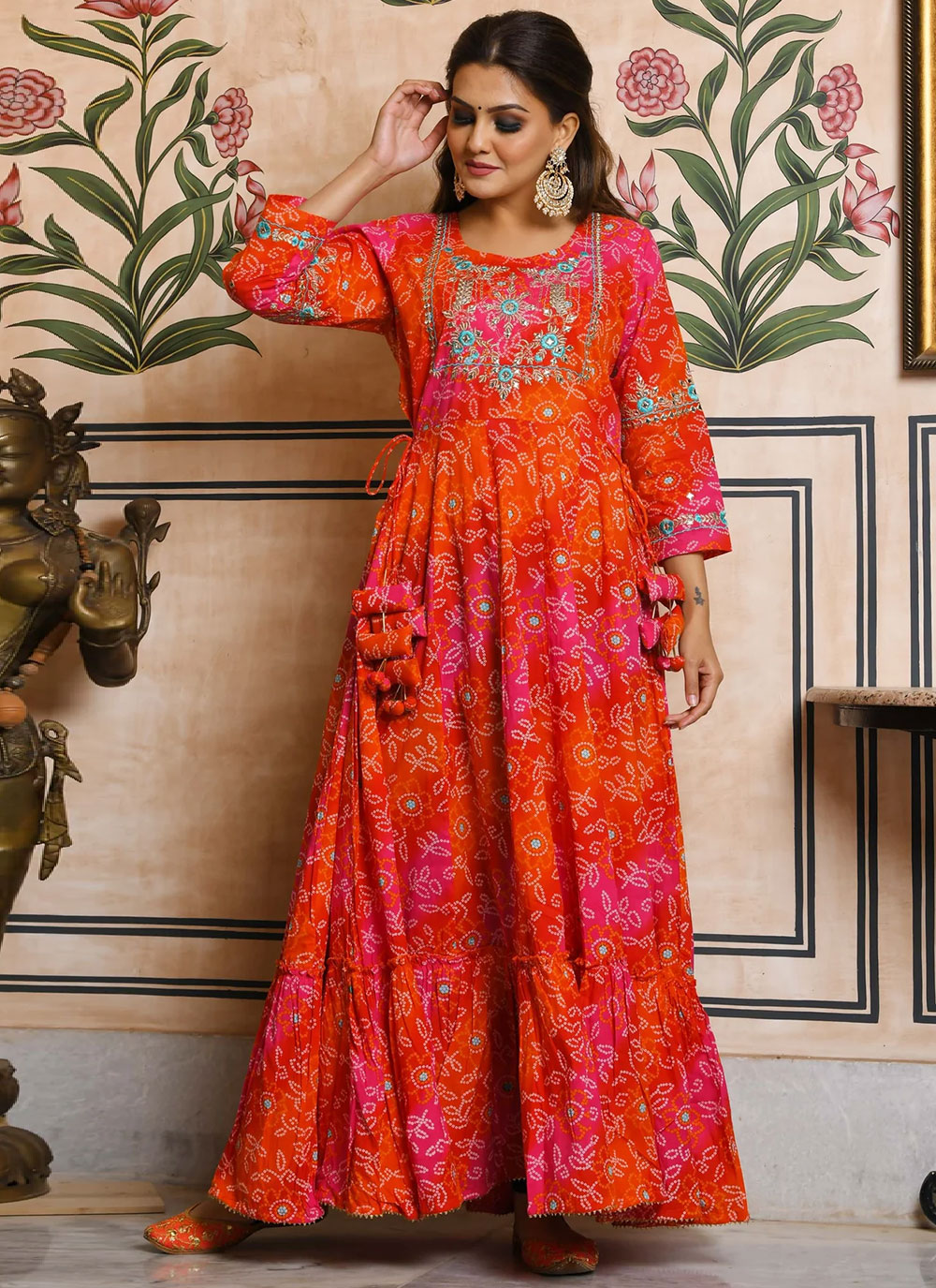 Shop Online Cotton Embroidered Orange and Red Gown : 253709