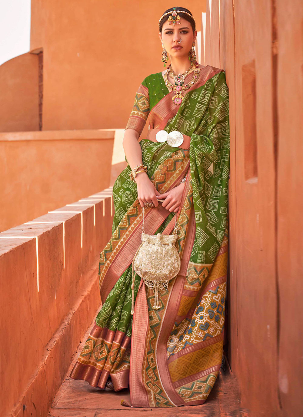 Buy Cotton Silk Green Foil Print Contemporary Saree Online : 256080