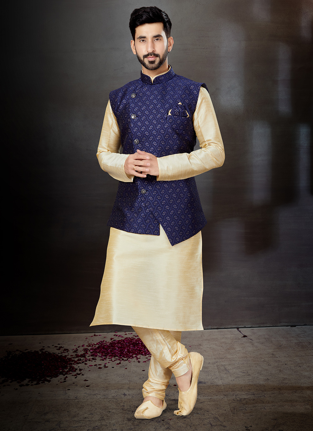 Buy Online Cream and Navy Blue Embroidered Kurta Payjama With Jacket ...