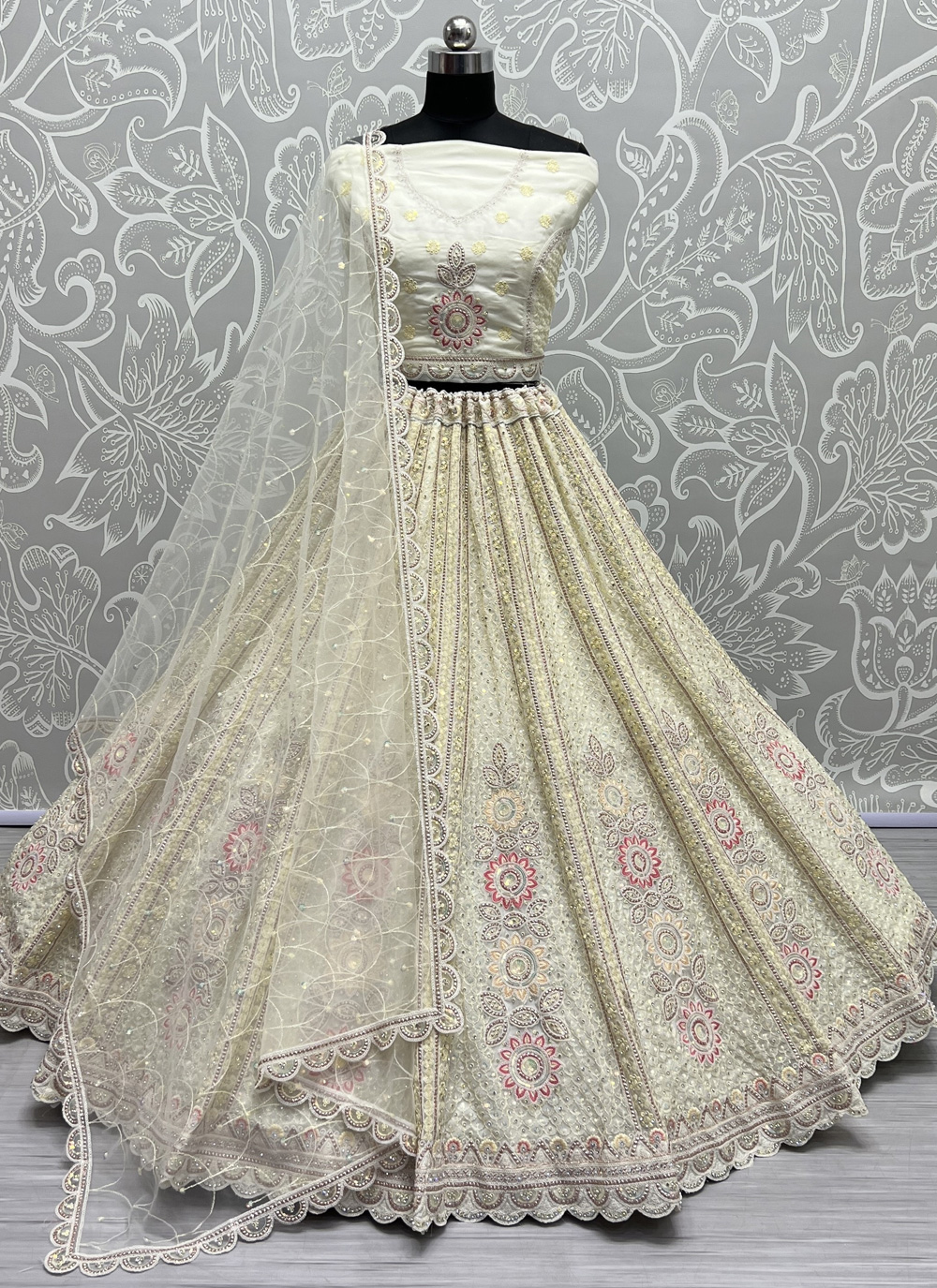 Buy Cream Dori Work Net Lehenga Choli Online