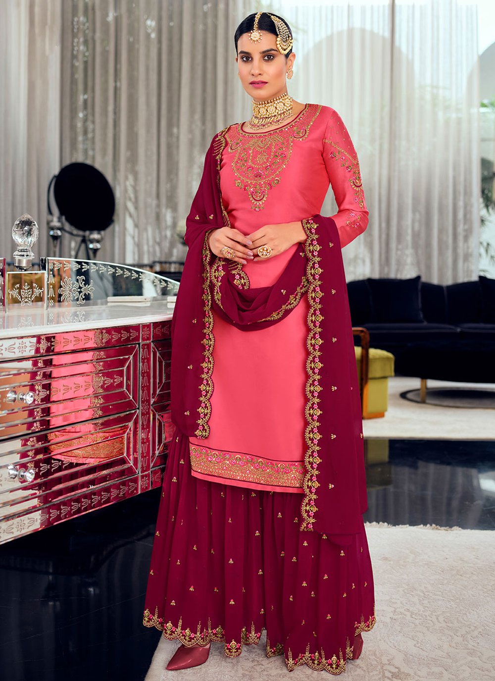 Shop Diamond Maroon and Pink Sharara Set Online : 246666