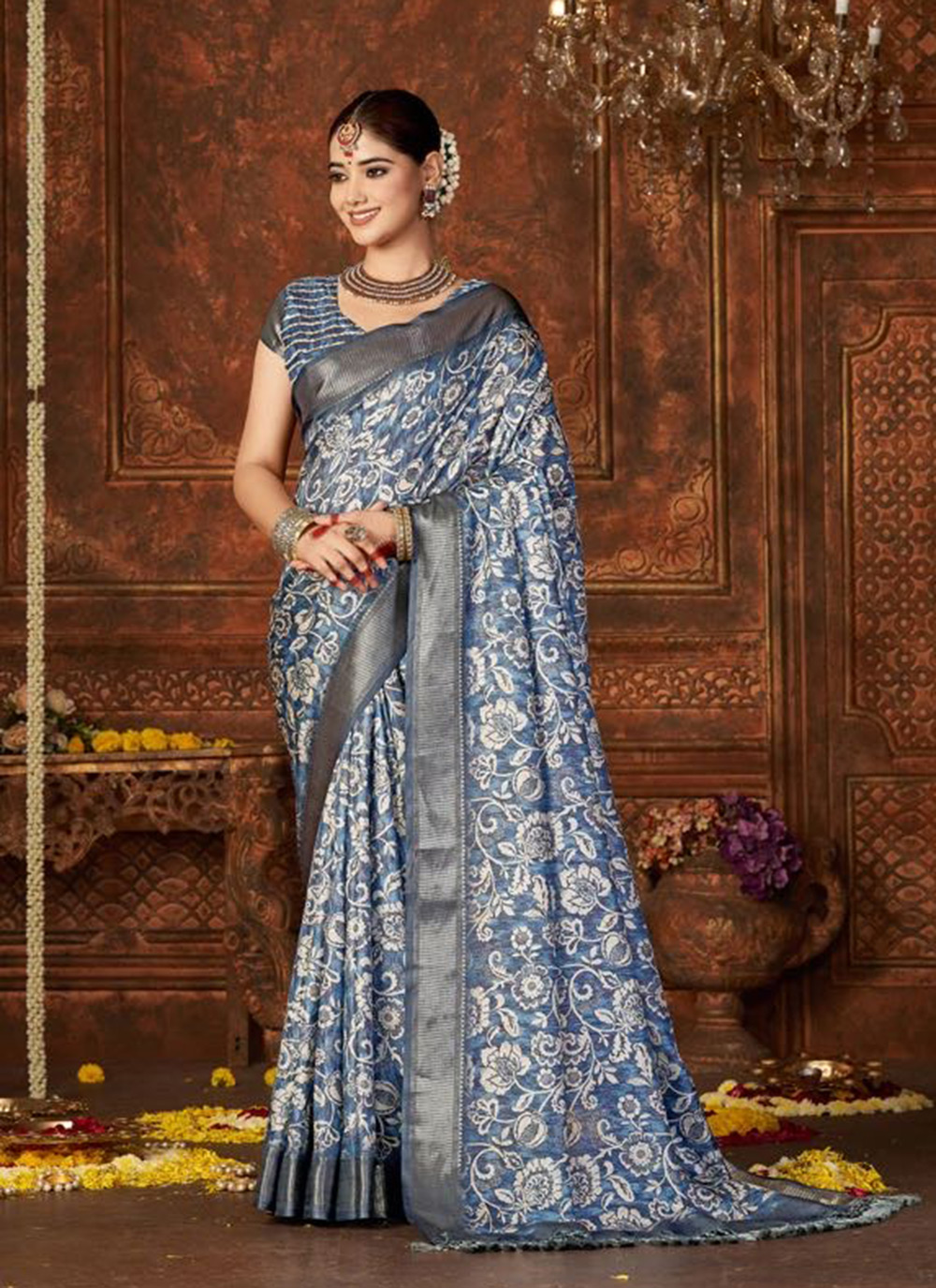 Digital Print and Zari Work Silk Casual Sari In Blue Buy Online