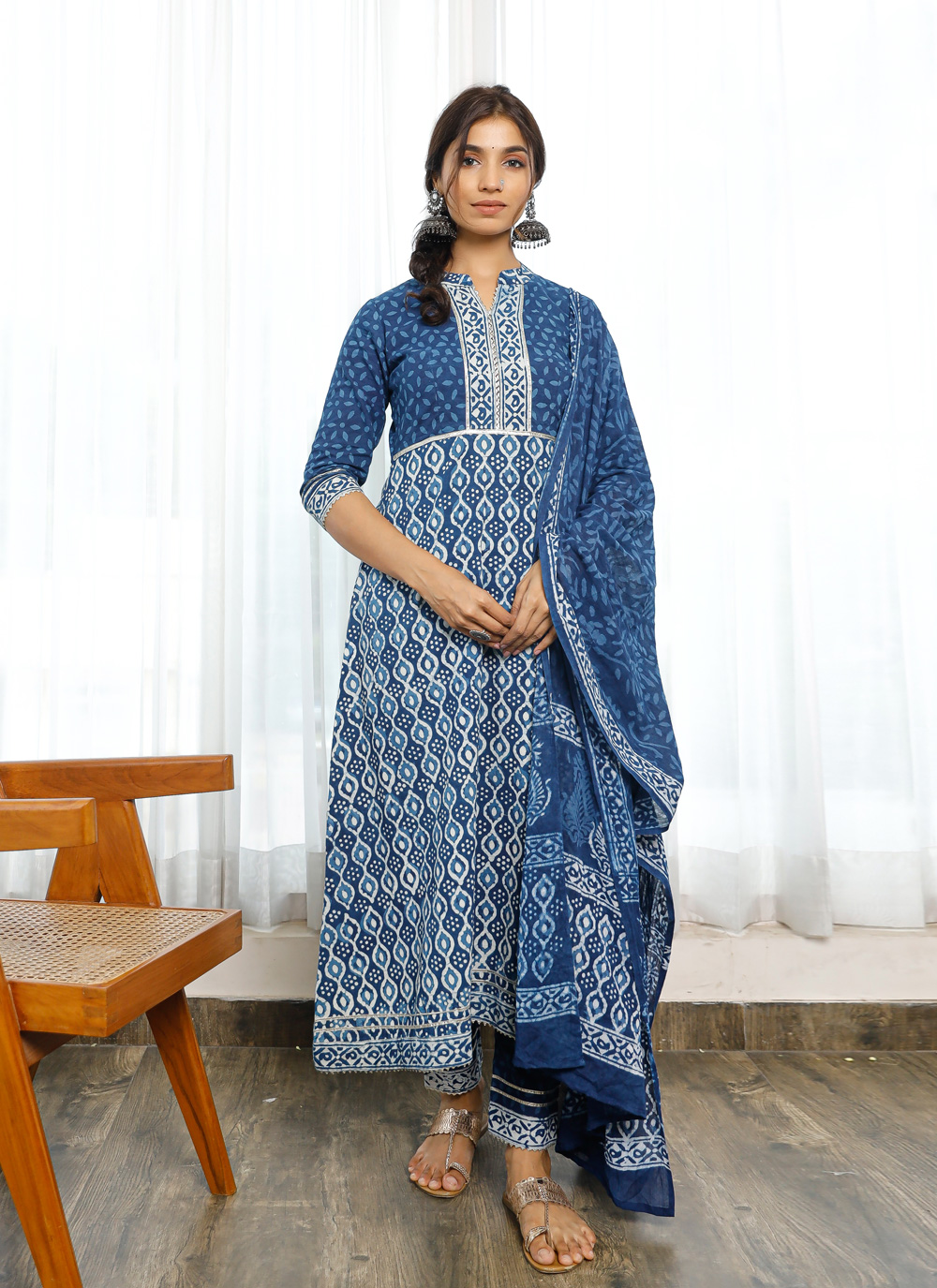 Buy Digital Print Cotton Pant Style Suit in Blue Online