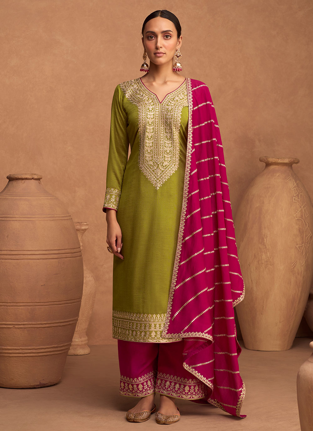 Buy Embroidered Green and Rani Silk Pakistani Salwar Kameez : 249799