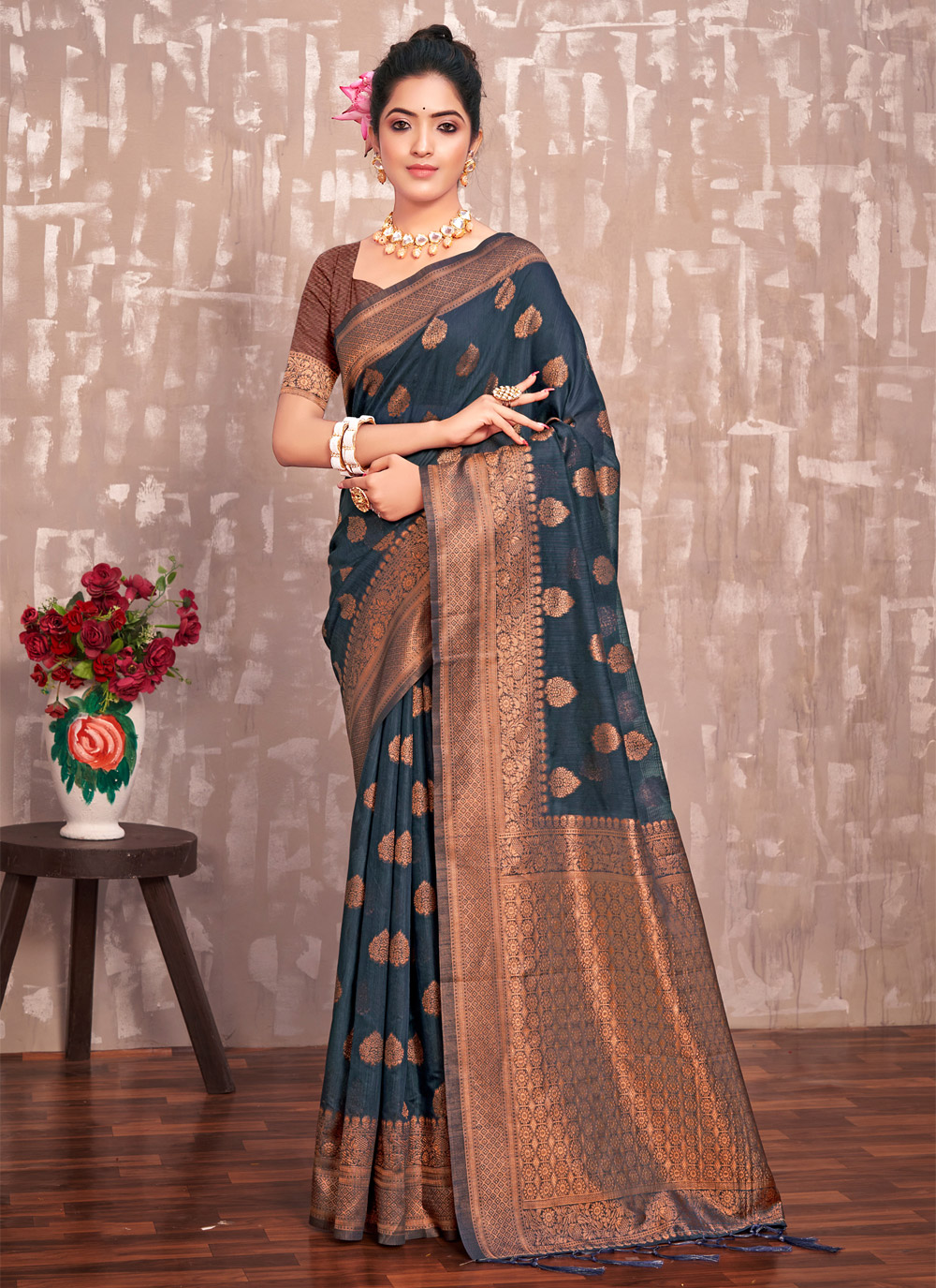 Buy Online Embroidered Grey Cotton Silk Traditional Saree : 245531