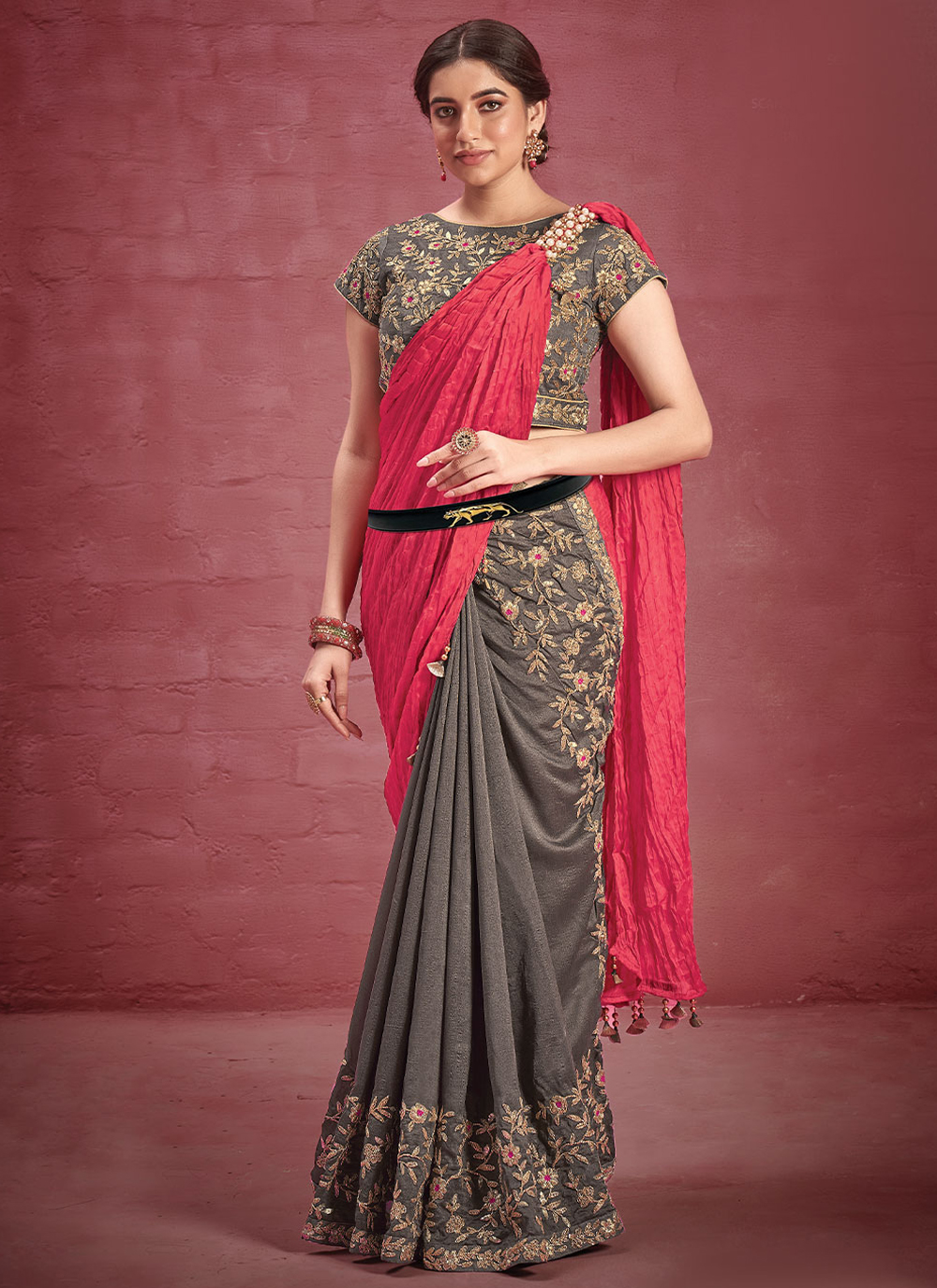 Shop Embroidered Silk Grey and Pink Classic Saree Online : 246200