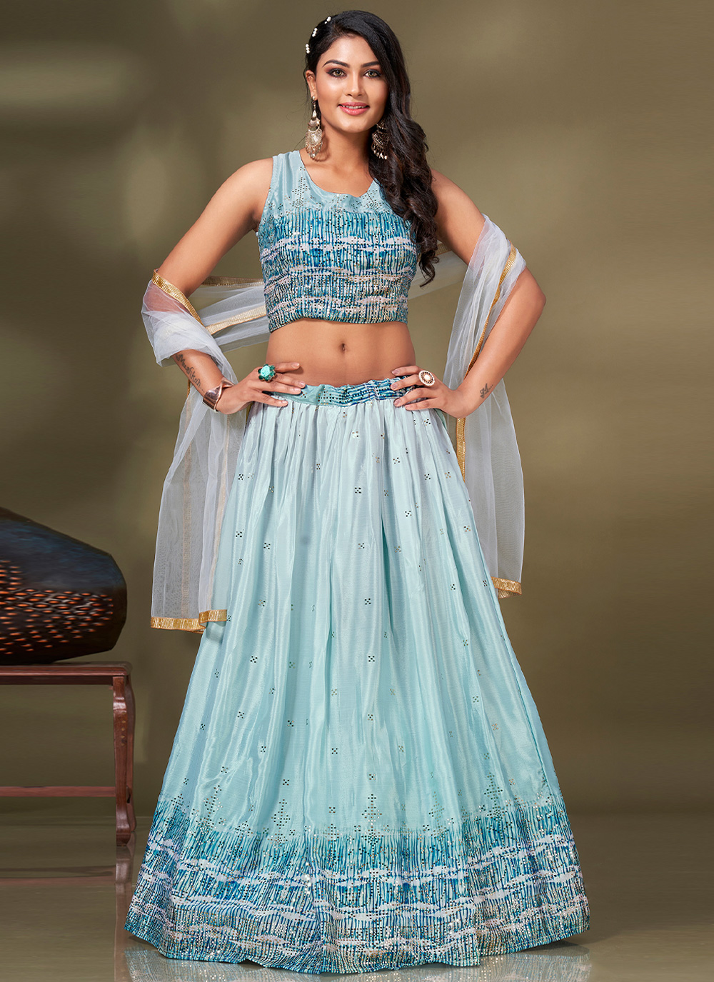 Shop Fancy Chiffon Designer Lehenga Choli in Aqua Blue Online : 255848
