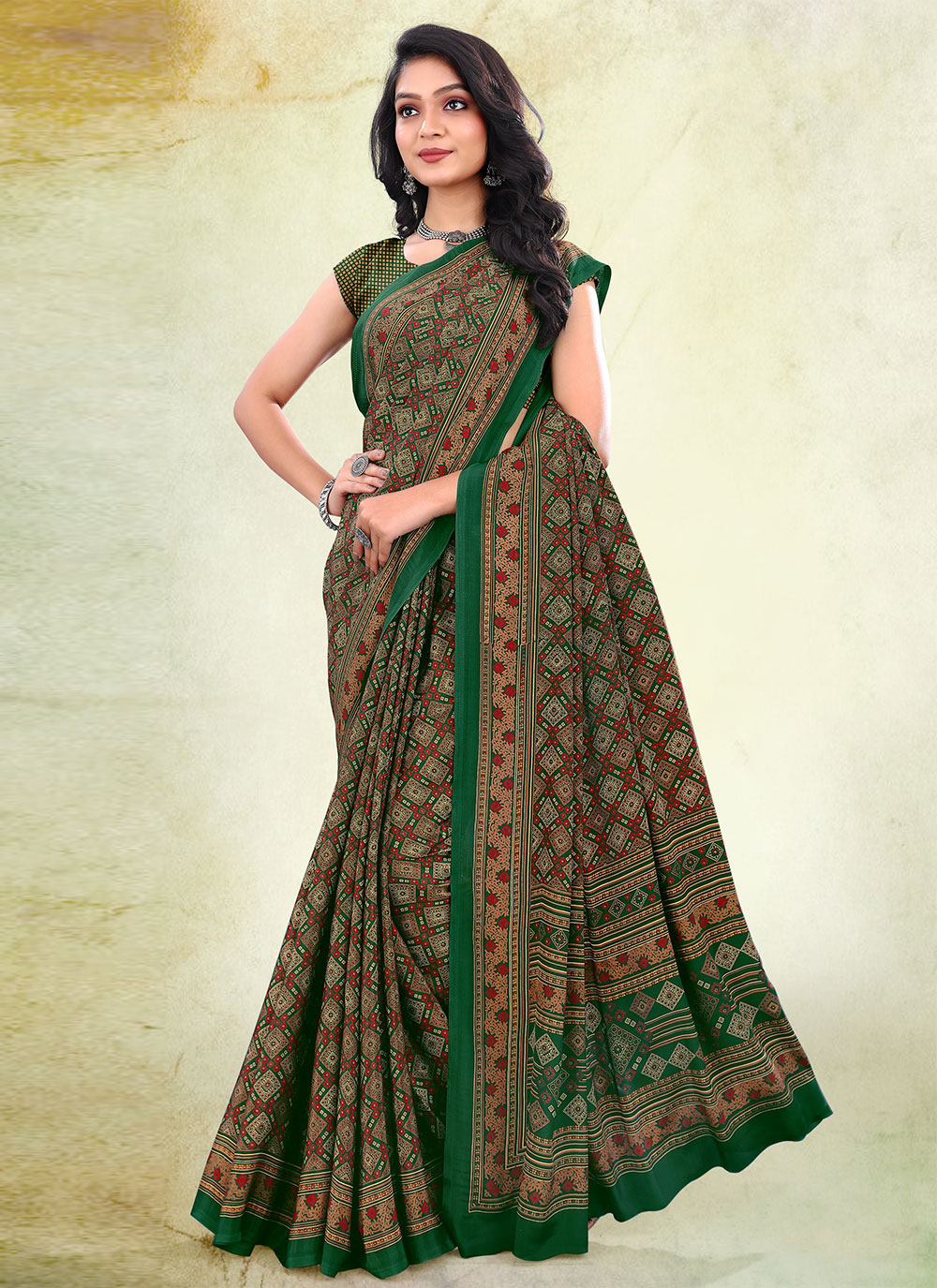Shop Online Faux Crepe Classic Saree in Green : 246855
