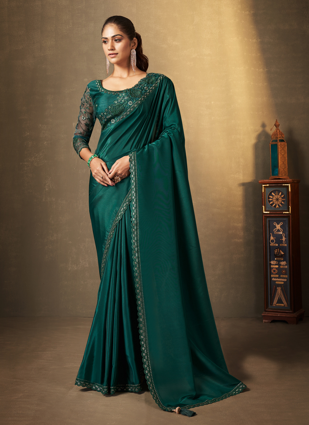 Faux Crepe Embroidered Green Contemporary Saree buy online