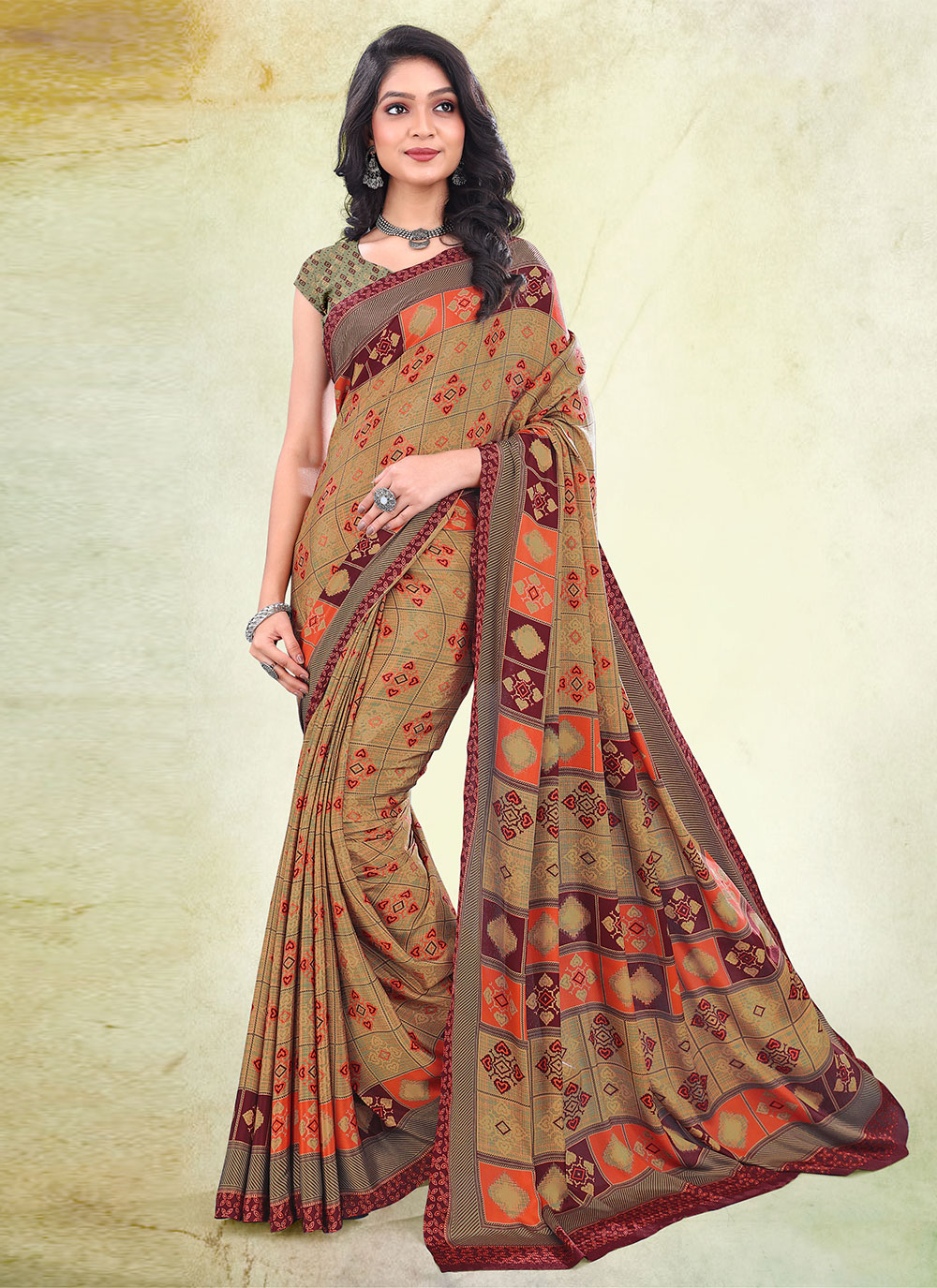 Faux Crepe Printed Beige Contemporary Style Saree buy online
