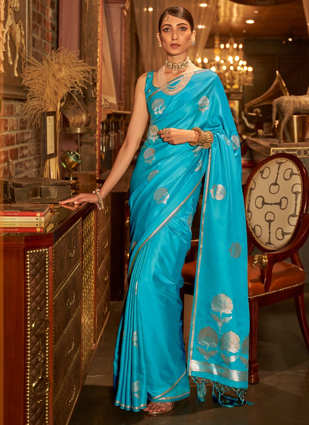 Shop Online Firozi Satin Classic Saree : 245484