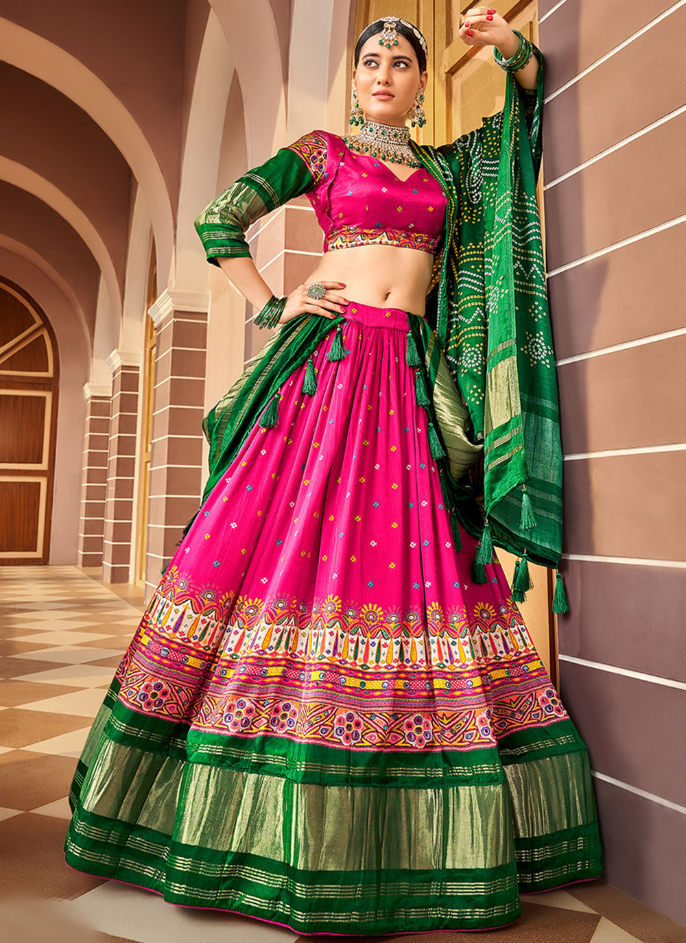 Buy Green and Rani Digital Print Silk A Line Lehenga Choli : 250780 ...