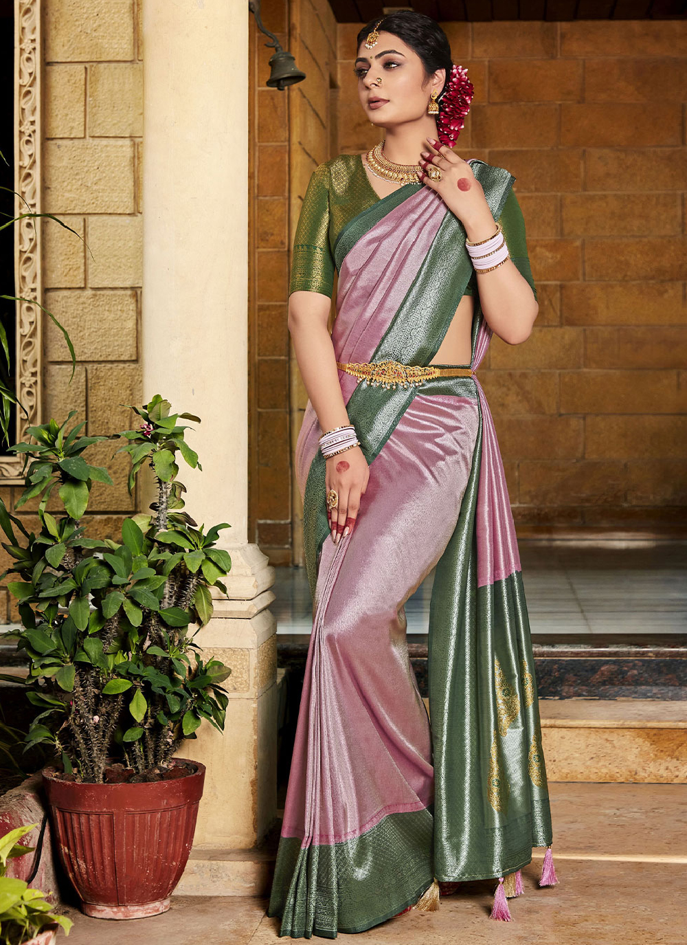 Shop Green and Rose Pink Sangeet Contemporary Style Saree Online : 249012