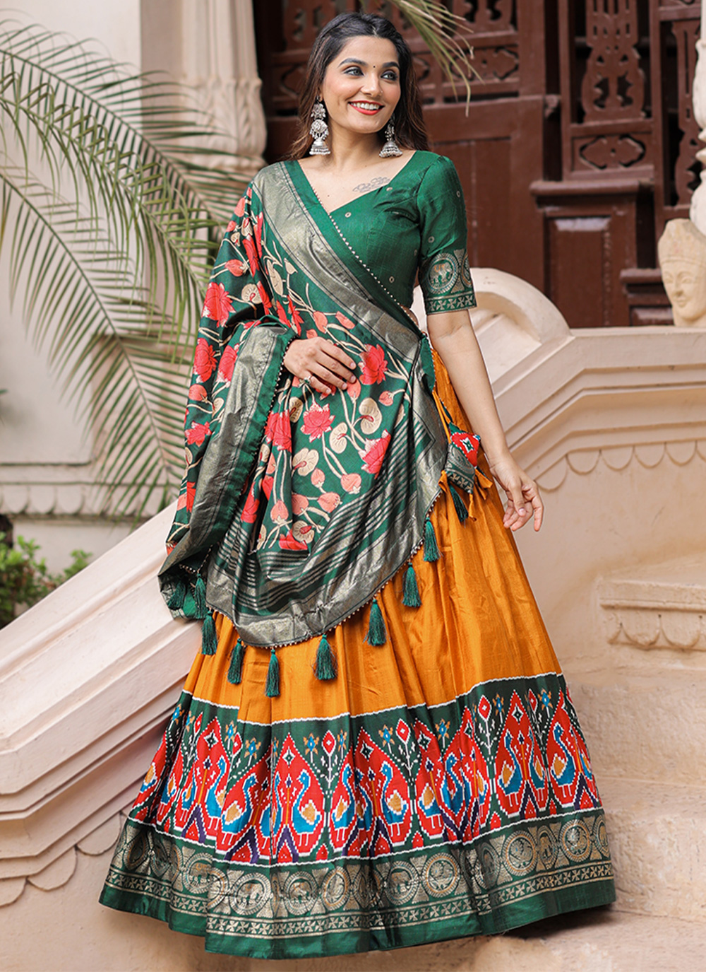 Buy Green and Yellow Foil Print Long Choli Lehenga Online : 258434 ...