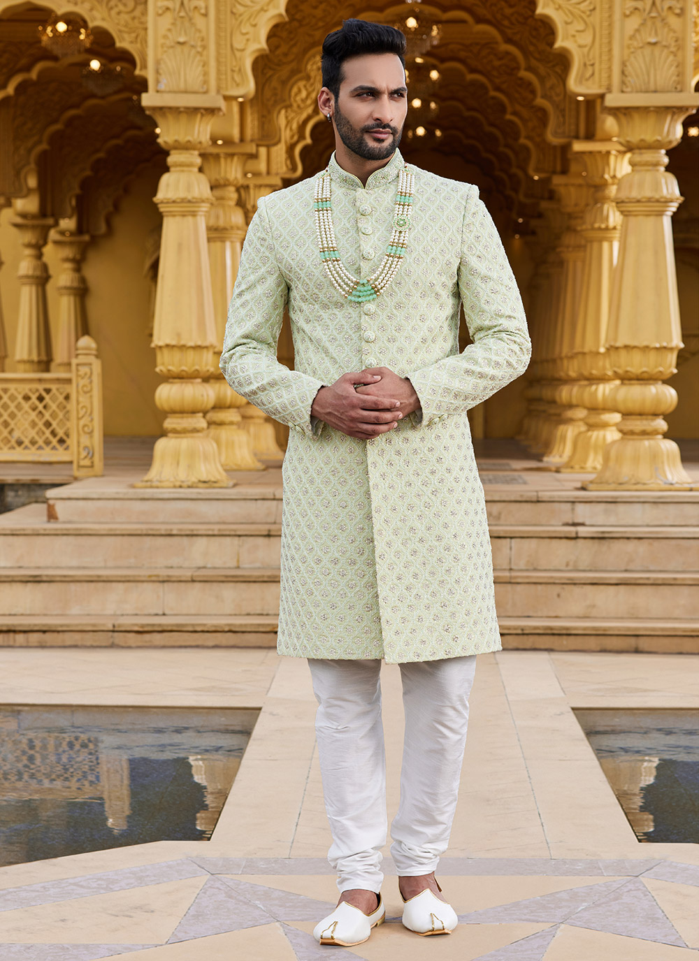 Buy Green Georgette Machine Embroidery and Thread Work Sherwani for ...