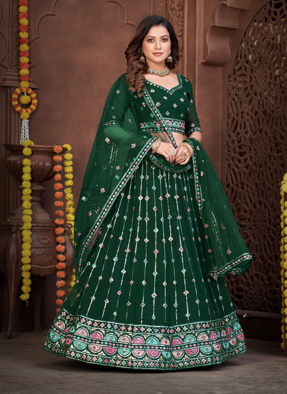 Buy Online Green Mehndi Lehenga Choli : 270292