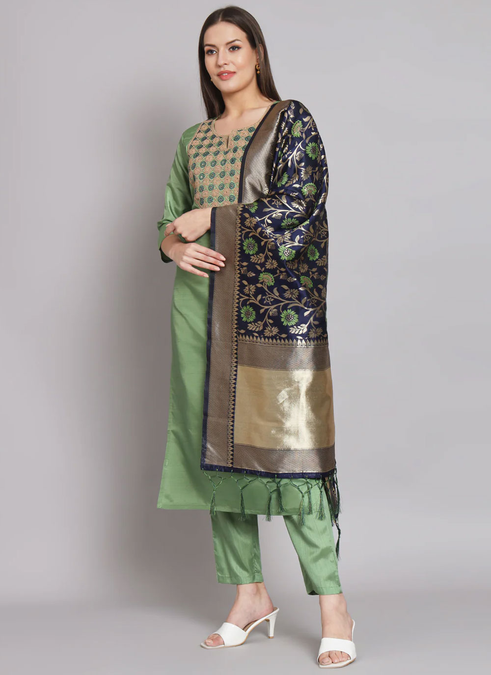 Buy Online Green Silk Blend Embroidered Work Pant Style Suit for ...