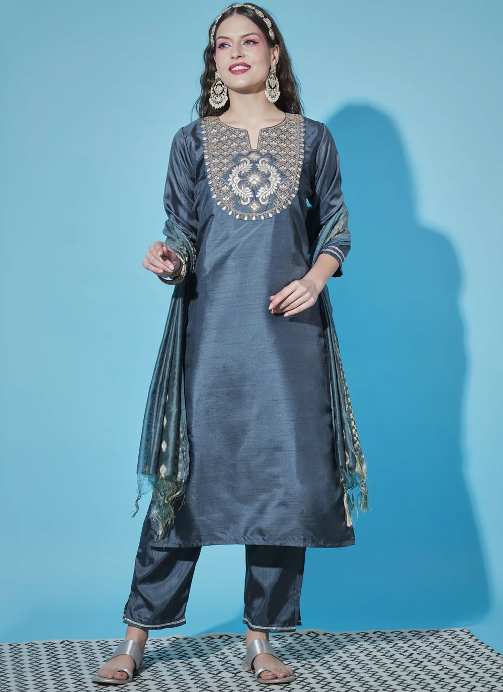 Buy Grey Cotton Embroidered Work Pant Style Suit for Women : 272751