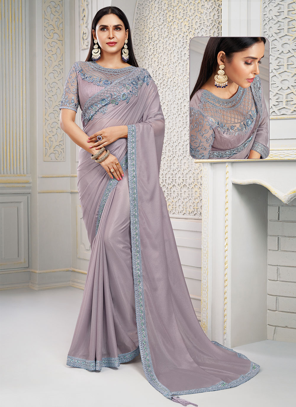 Buy Grey Mehndi Polyester Trendy Saree Online : 253413