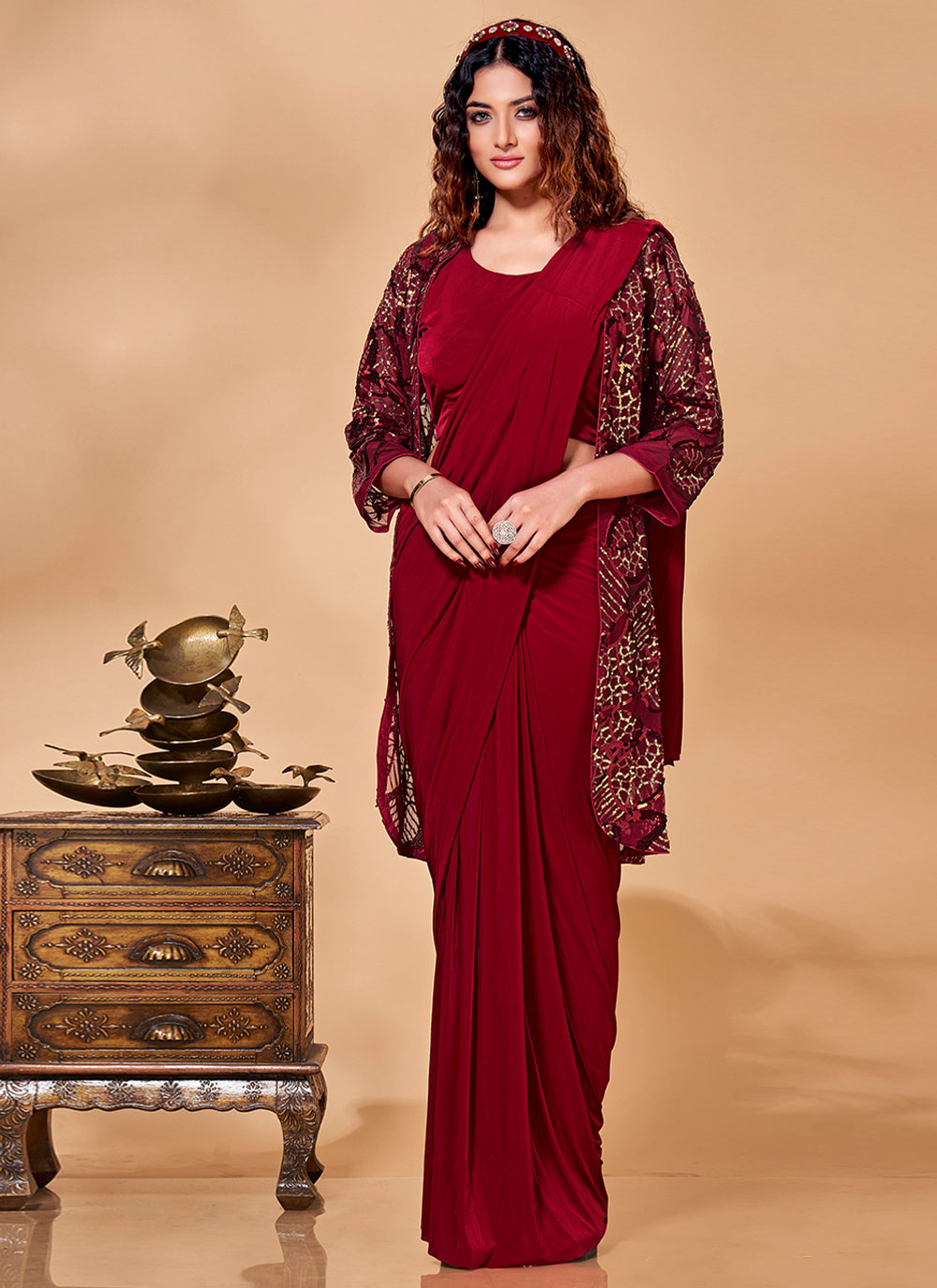 Buy Imported Maroon Sequins Trendy Saree Online