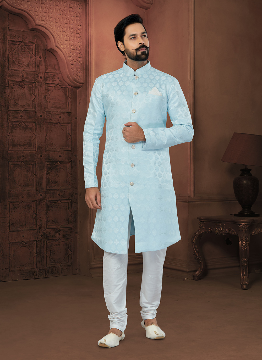 Shop Online Jacquard Aqua Blue Indo Western Sherwani : 269160