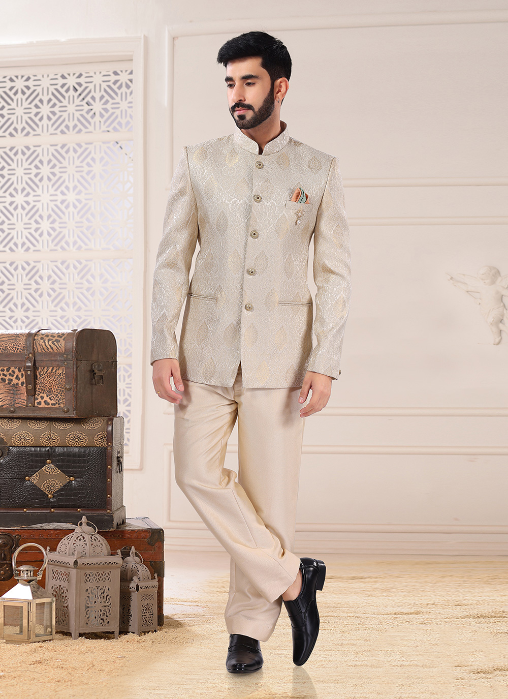 Buy Jacquard Embroidered Gold Jodhpuri Suit : 249432 - Mens