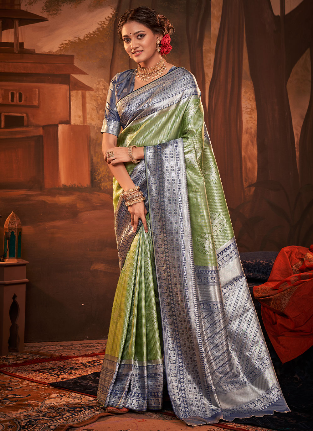 Buy Online Kanchipuram Silk Weaving Green Classic Saree : 246279