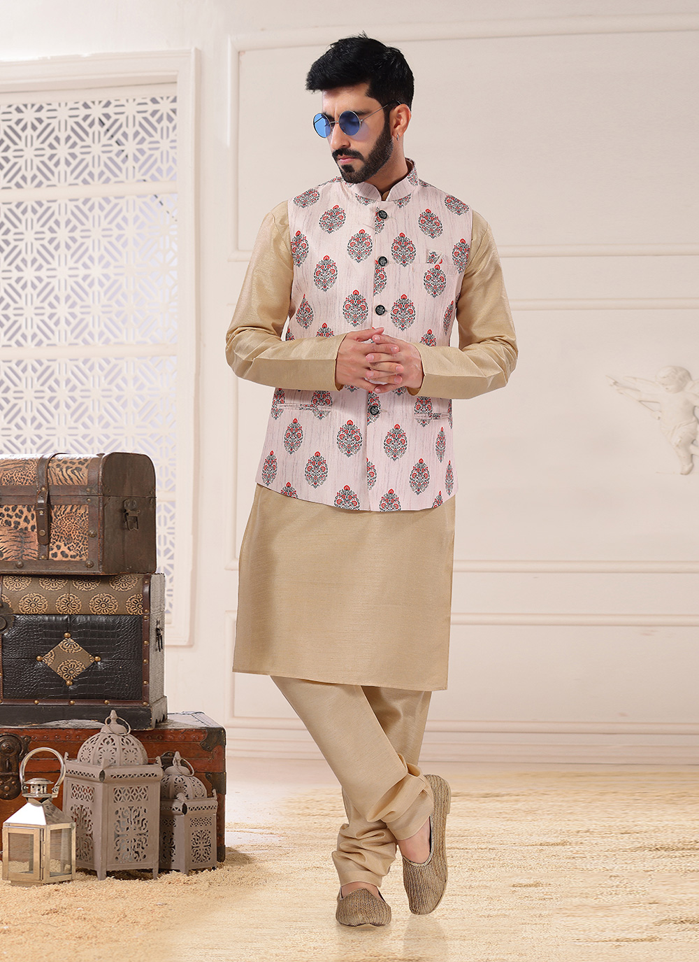 Shop Online Kurta Payjama With Jacket Embroidered Silk in Beige and ...