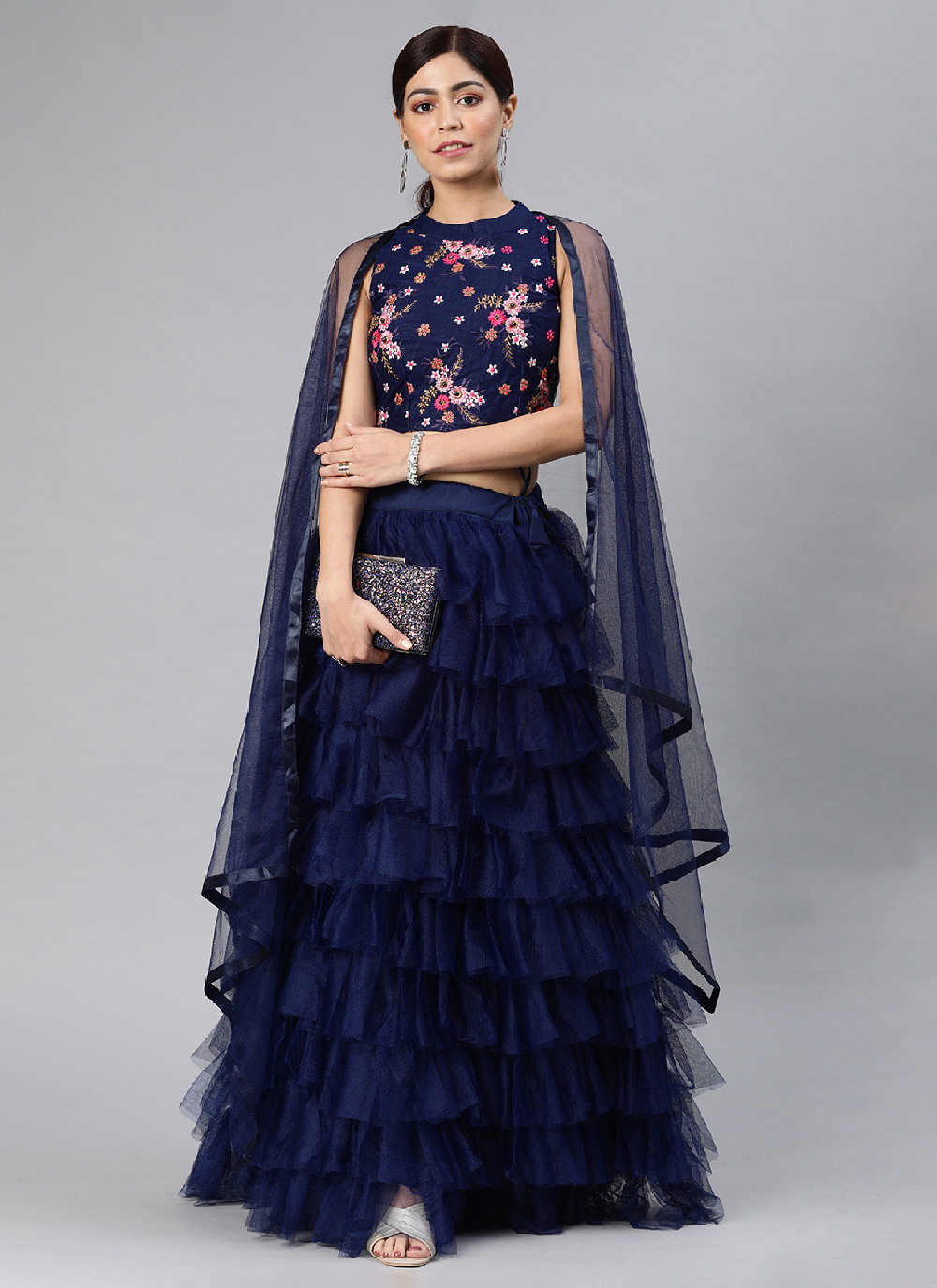 Shop Online Lehenga Choli Ruffle Net in Navy Blue : 266683 - Lehenga Choli