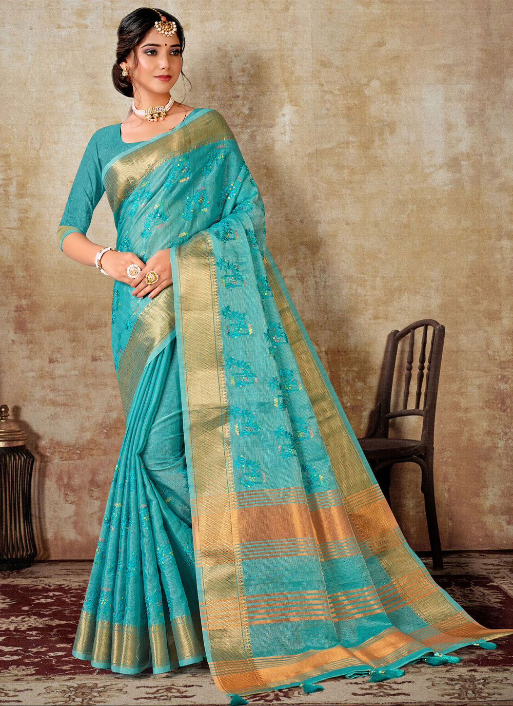 Linen Firozi Stone Trendy Saree buy online