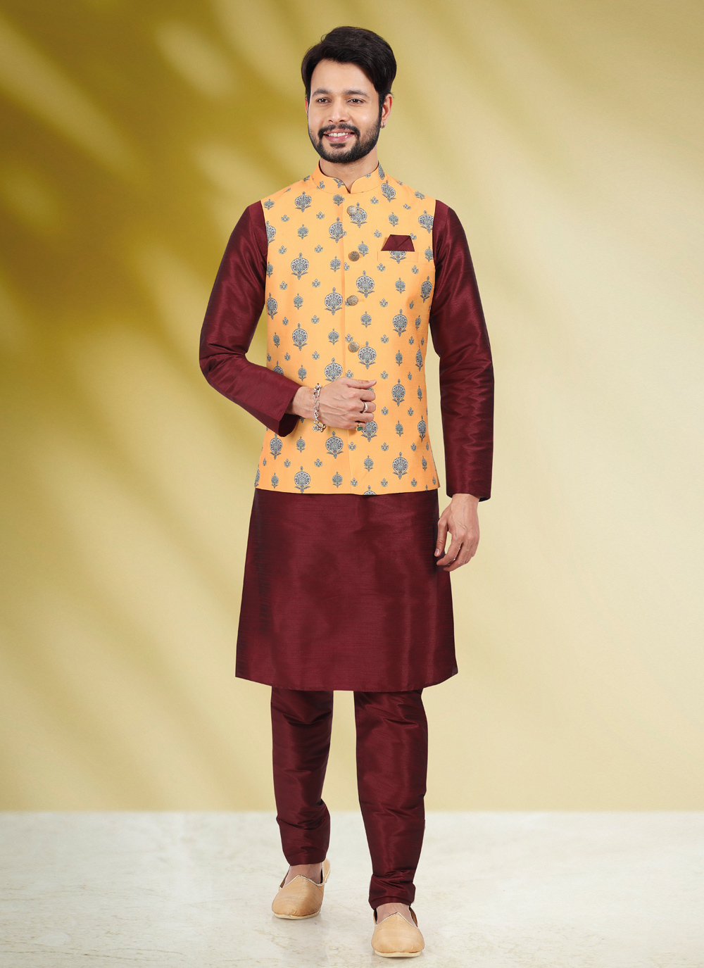 Buy Maroon and Yellow Printed Kurta Payjama With Jacket Online : 246447