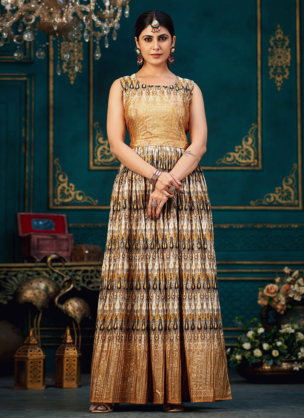 Multi Colour Foil Print Silk Readymade Gown buy online