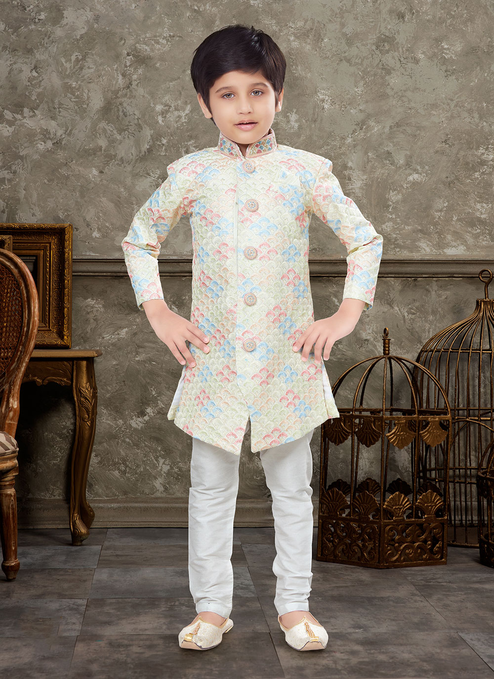 Shop Multi Colour Thread Work Work Art Silk Indo Western Sherwani ...