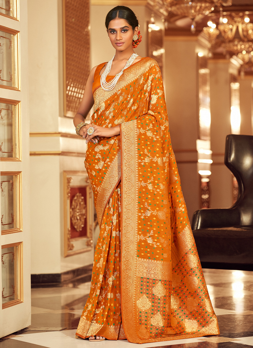 Buy Mustard Border Mehndi Contemporary Saree Online : 255641