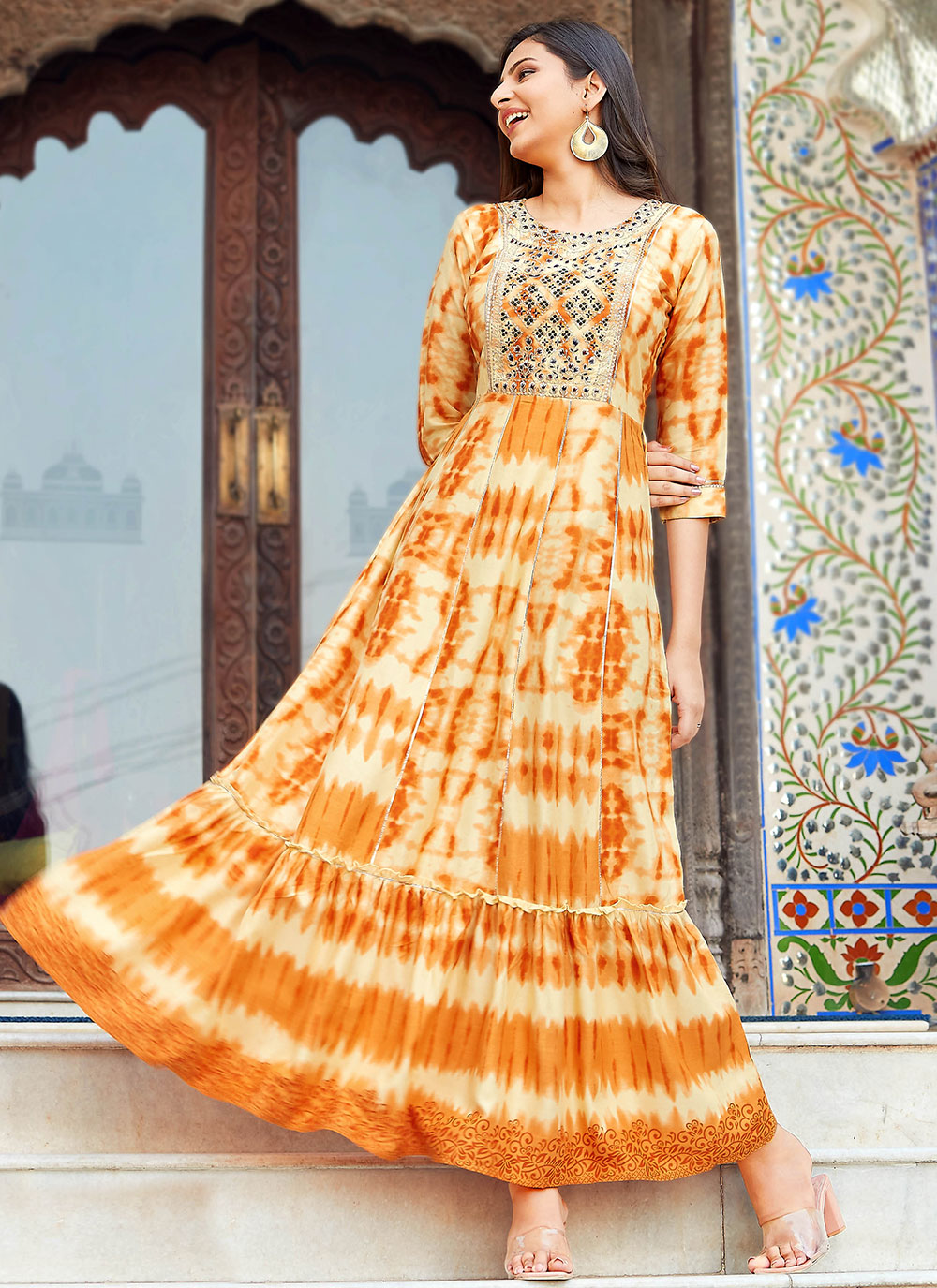 Buy Mustard Embroidered Rayon Trendy Gown Online : 252107