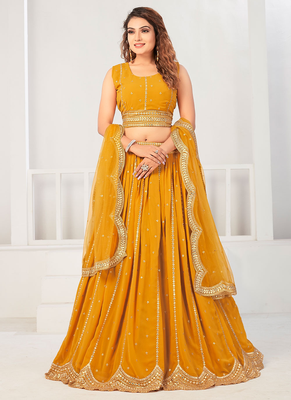 Buy Mustard Georgette Embroidered Designer Long Lehenga Choli Online