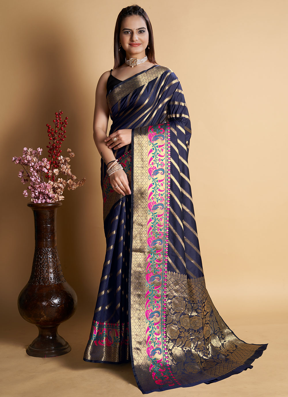 Buy Navy Blue Weaving Festival Traditional Saree Online