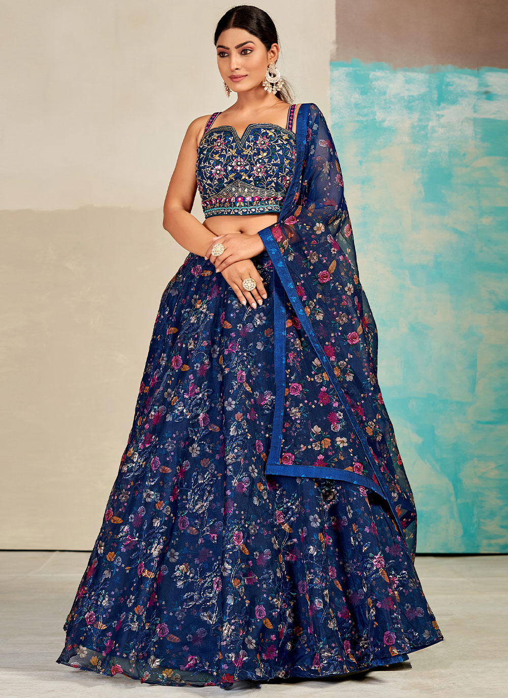 Buy Navy Blue Wedding Long Choli Lehenga Online : 258024