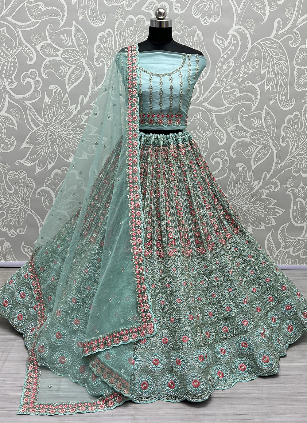 Net Aqua Blue Thread Work A Line Lehenga Choli buy online - Lehenga Choli